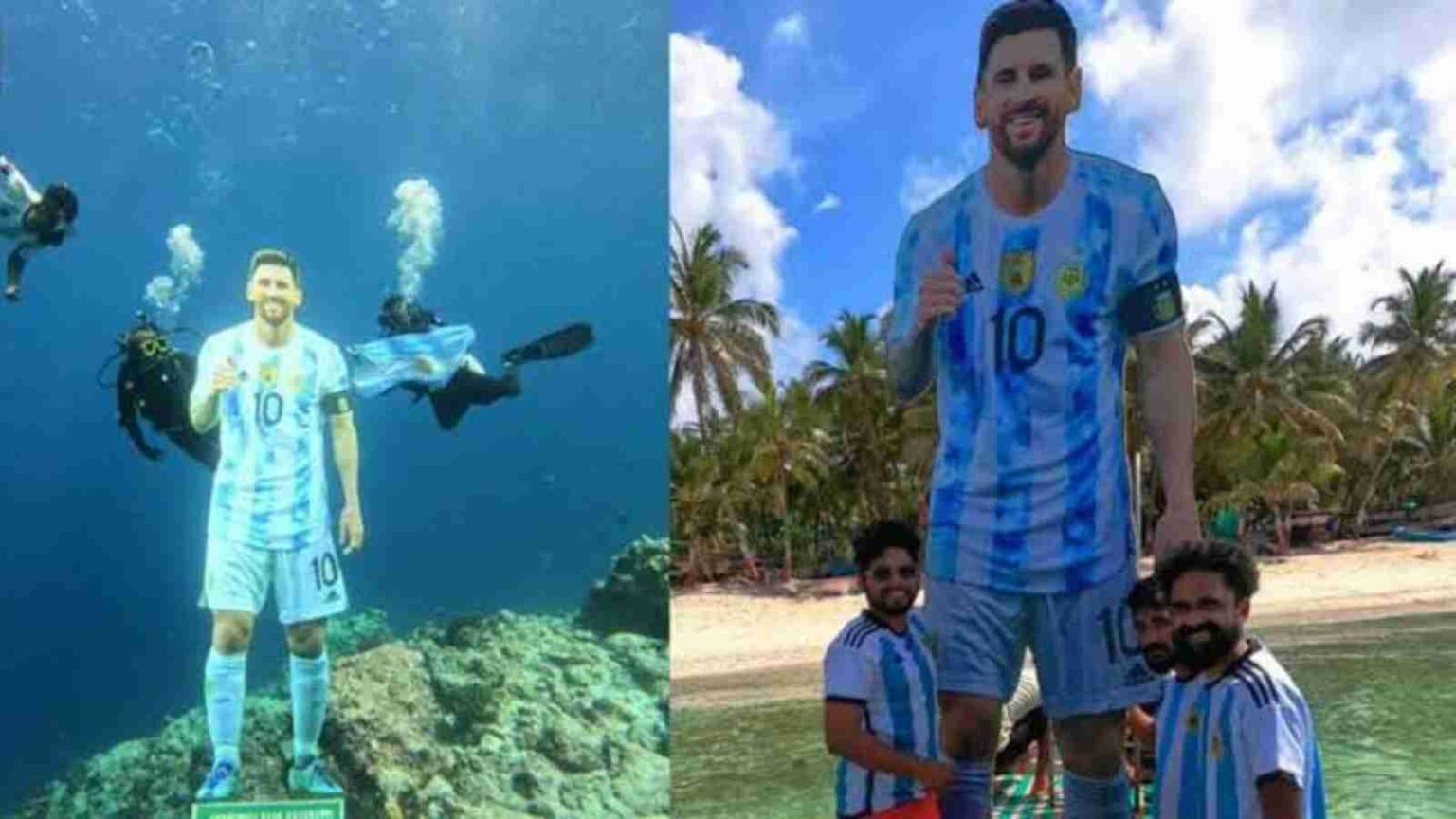Fans dive 100 feet into the ocean to put up a Lionel Messi cutout ahead ...